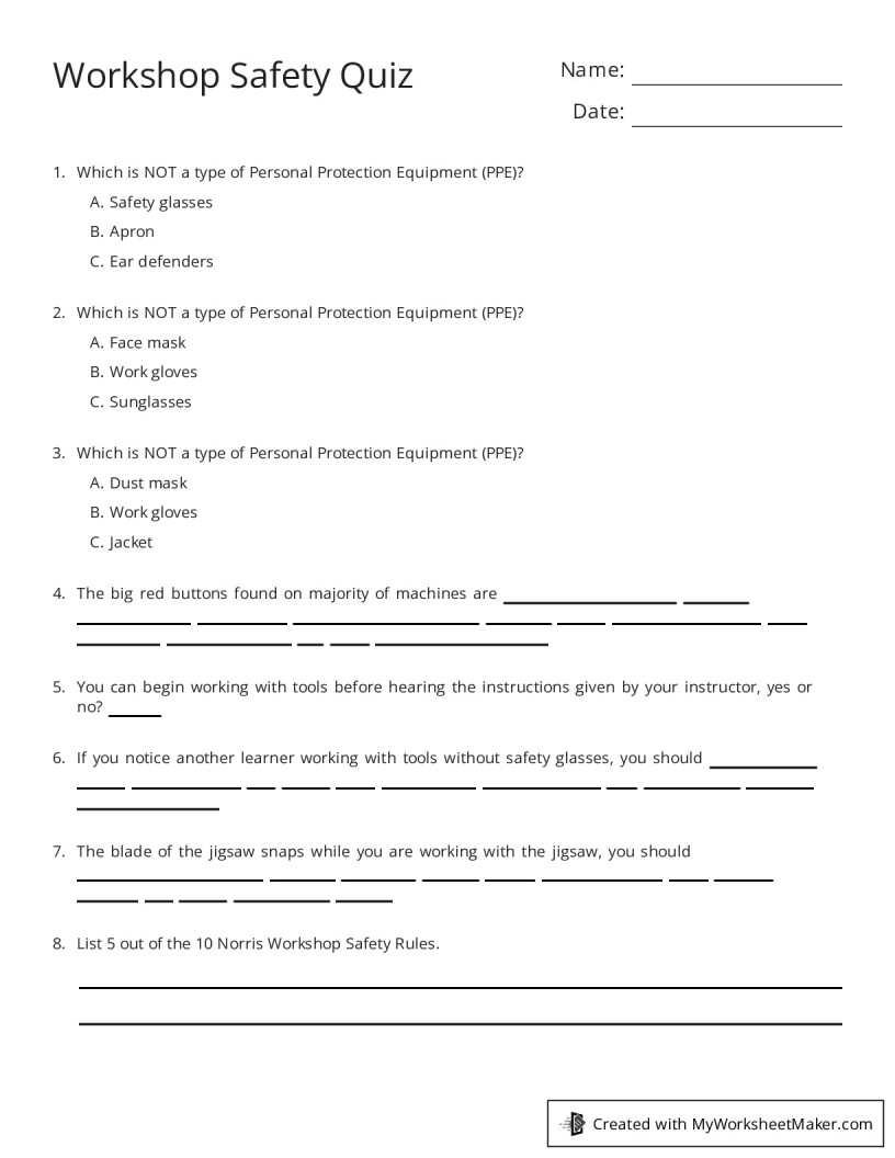 Workshop Safety Quiz - My Worksheet Maker: Create Your Own Worksheets
