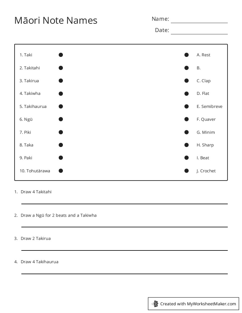 Māori Note Names - My Worksheet Maker: Create Your Own Worksheets