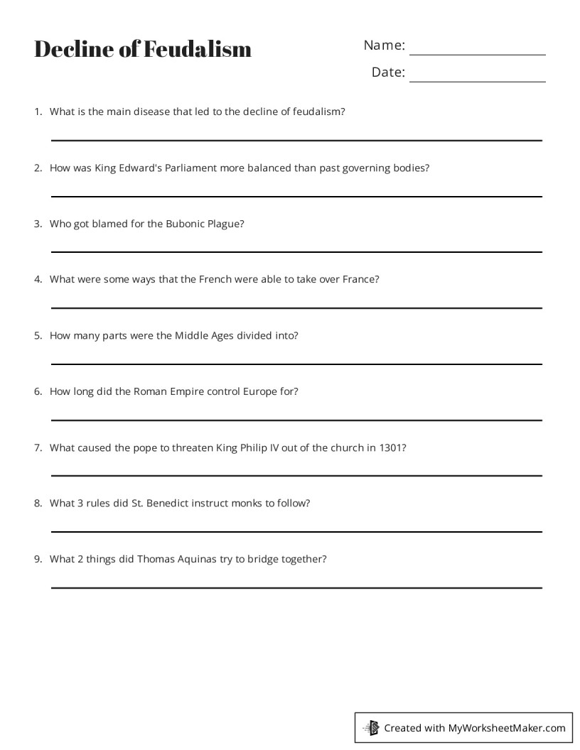 Decline of Feudalism - My Worksheet Maker: Create Your Own Worksheets