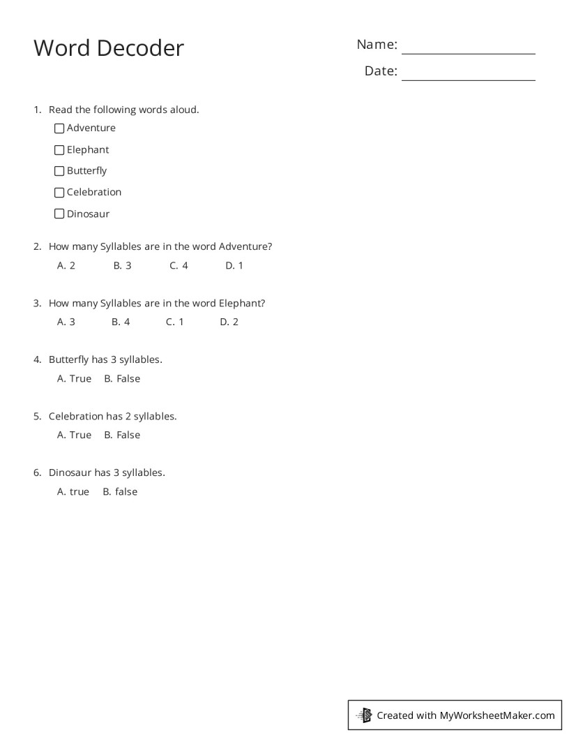Word Decoder - My Worksheet Maker: Create Your Own Worksheets
