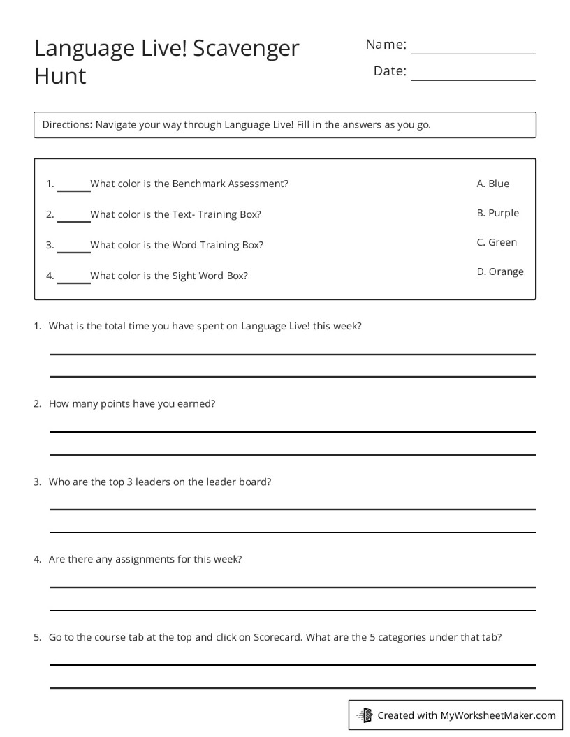 Language Live! Scavenger Hunt - My Worksheet Maker: Create Your Own ...