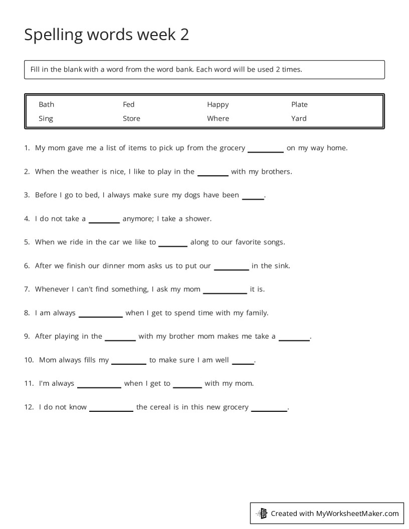 Spelling words week 2 - My Worksheet Maker: Create Your Own Worksheets