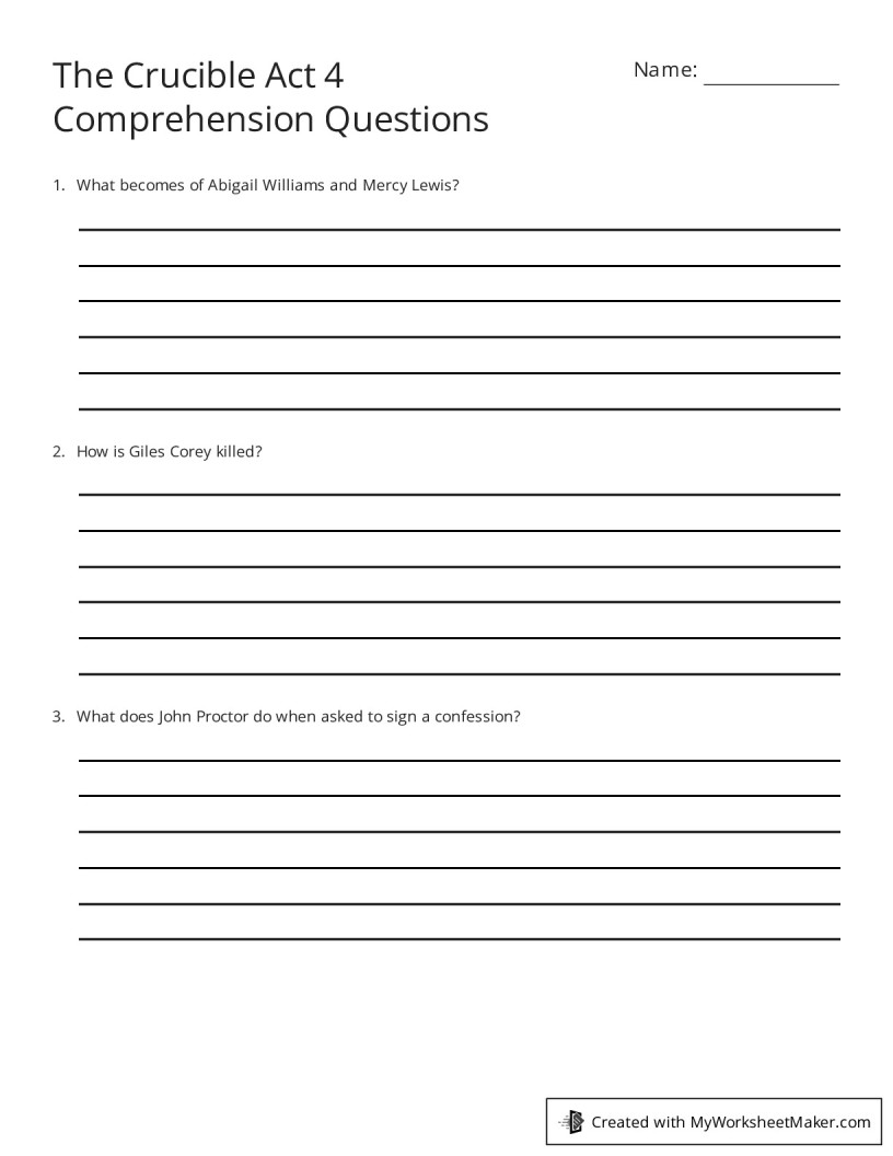 The Crucible Act 4 Comprehension Questions - My Worksheet Maker: Create ...