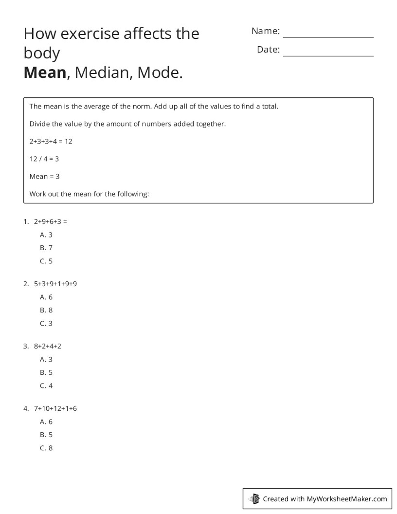 How exercise affects the body Mean, Median, Mode. - My Worksheet Maker ...