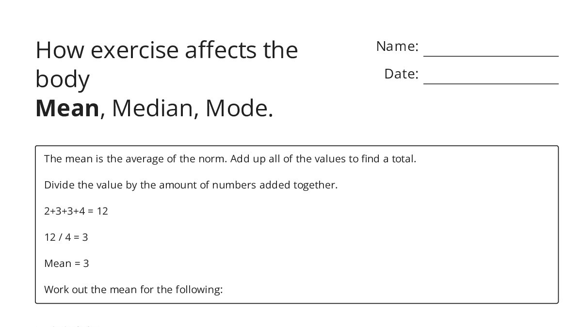 How exercise affects the body Mean, Median, Mode. - My Worksheet Maker ...