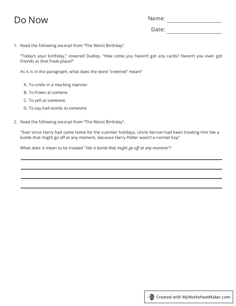Do Now - My Worksheet Maker: Create Your Own Worksheets