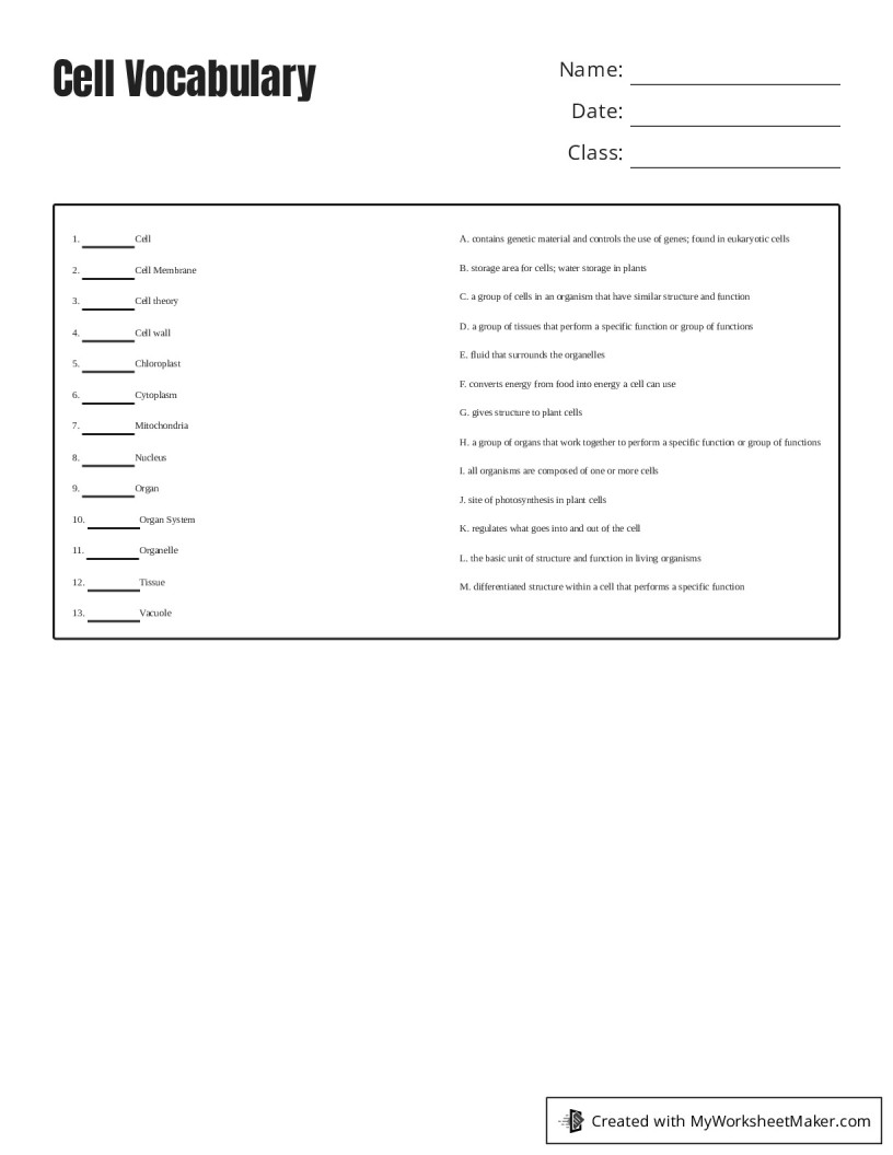 Cell Vocabulary - My Worksheet Maker: Create Your Own Worksheets