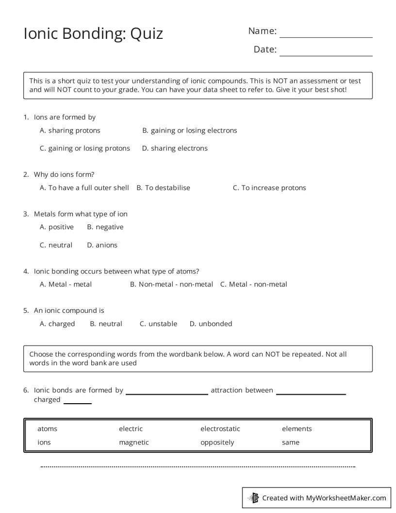 Ionic Bonding: Quiz - My Worksheet Maker: Create Your Own Worksheets