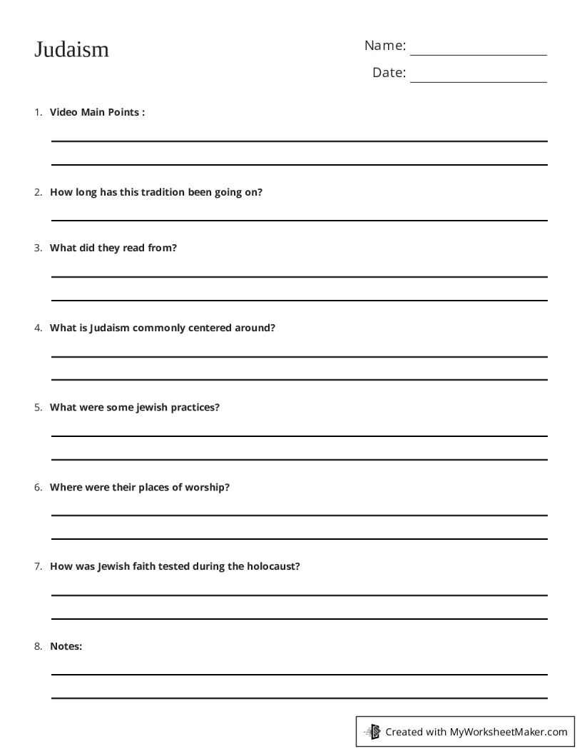 Judaism - My Worksheet Maker: Create Your Own Worksheets