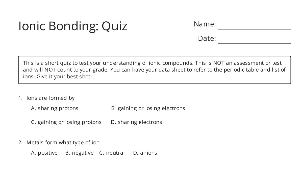 Ionic Bonding: Quiz - My Worksheet Maker: Create Your Own Worksheets