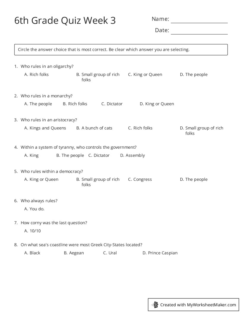 6th Grade Quiz Week 3 - My Worksheet Maker: Create Your Own Worksheets