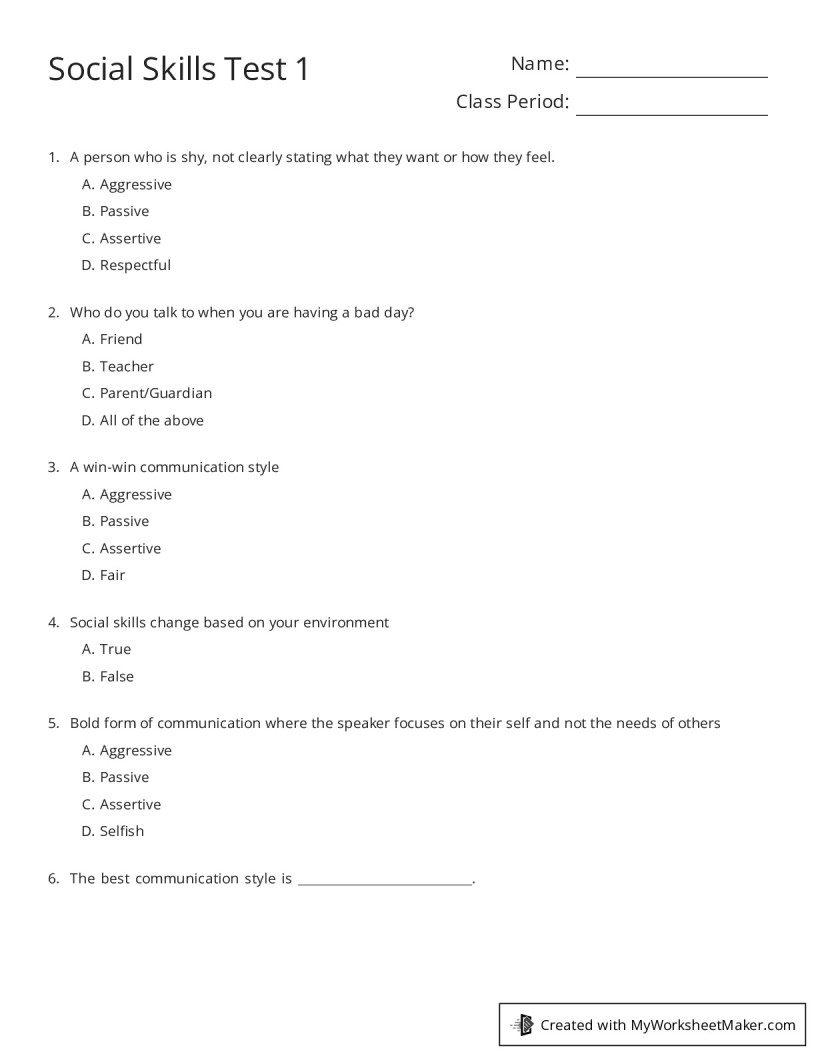 Social Skills Test 1 - My Worksheet Maker: Create Your Own Worksheets