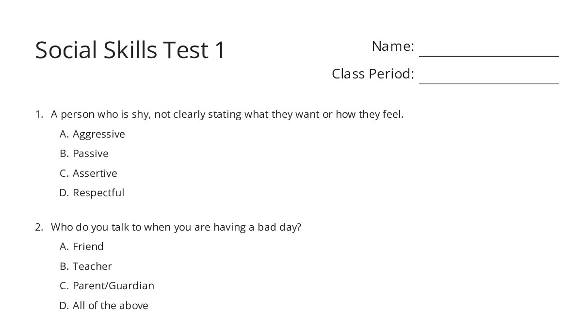Social Skills Test 1 - My Worksheet Maker: Create Your Own Worksheets