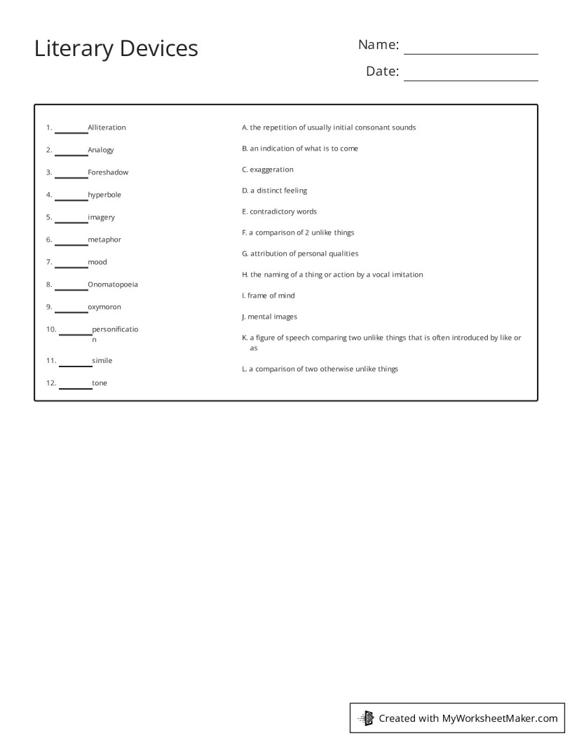 Literary Devices - My Worksheet Maker: Create Your Own Worksheets