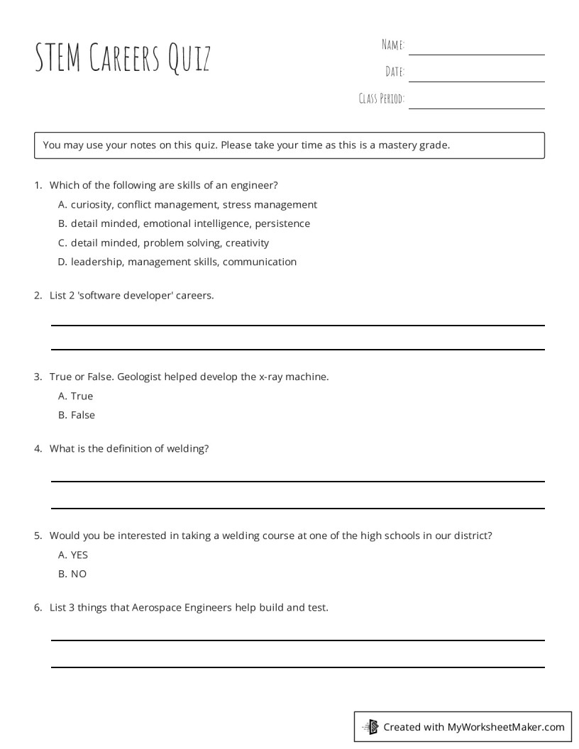 STEM Careers Quiz - My Worksheet Maker: Create Your Own Worksheets