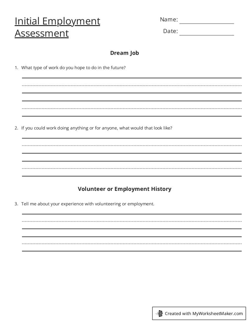 Initial Employment Assessment - My Worksheet Maker: Create Your Own ...