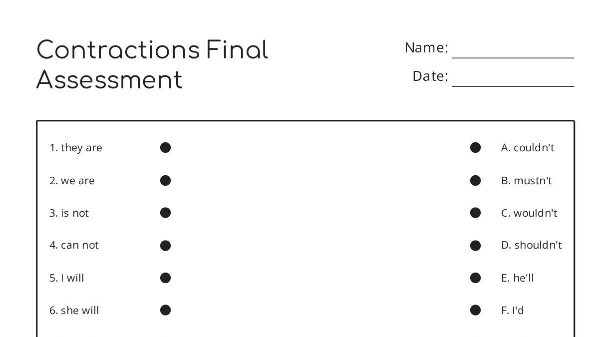 Contractions Final Assessment - My Worksheet Maker: Create Your Own ...