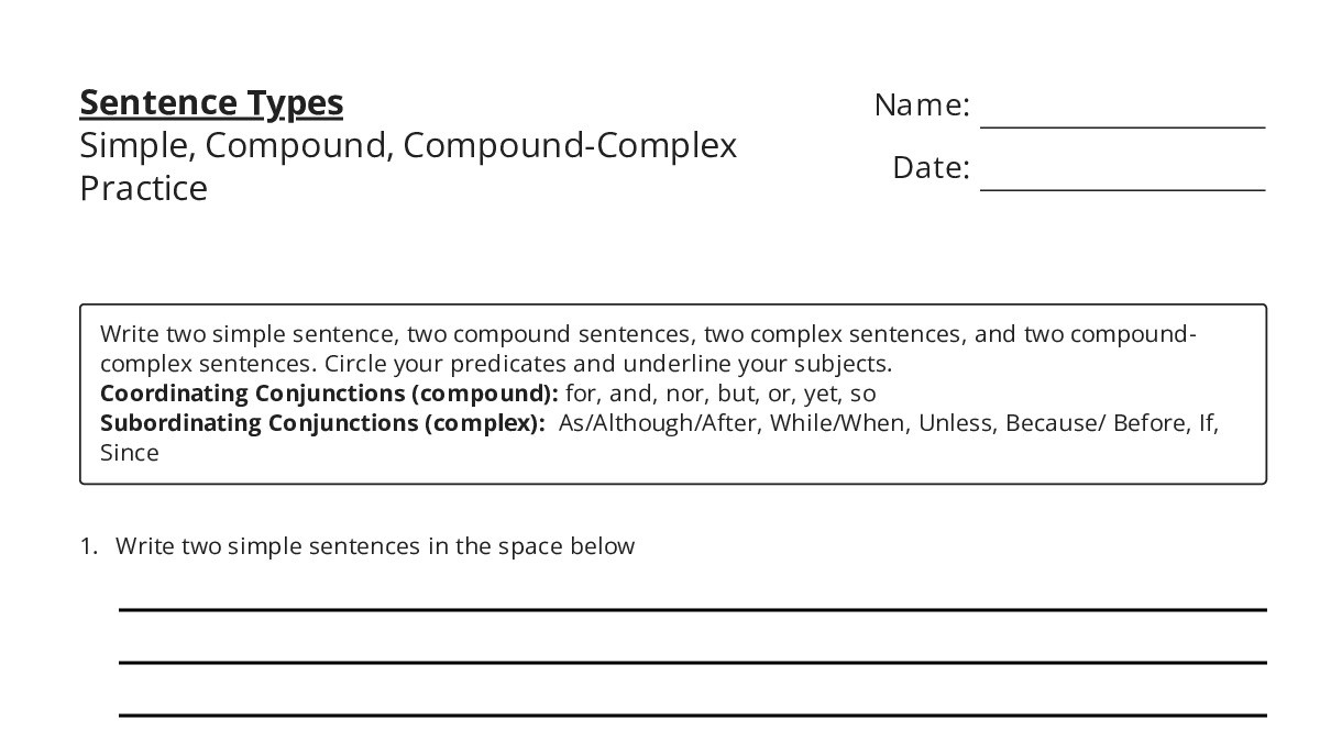 Sentence Types Simple, Compound, Compound-Complex Practice - My ...