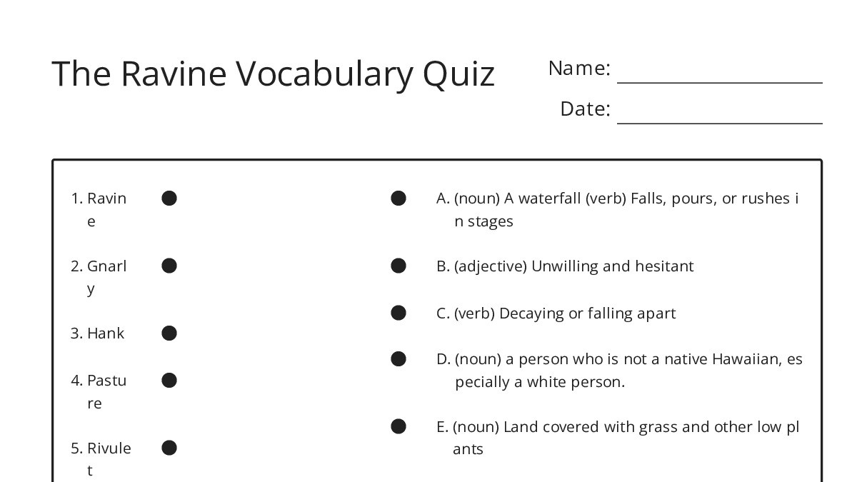 The Ravine Vocabulary Quiz - My Worksheet Maker: Create Your Own Worksheets