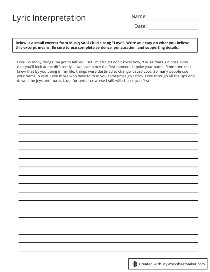 Lyric Interpretation - My Worksheet Maker: Create Your Own Worksheets