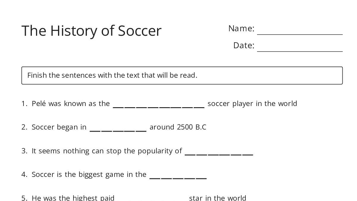 The History of Soccer - My Worksheet Maker: Create Your Own Worksheets