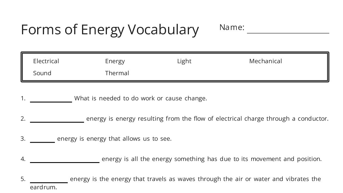 Forms of Energy Vocabulary - My Worksheet Maker: Create Your Own Worksheets
