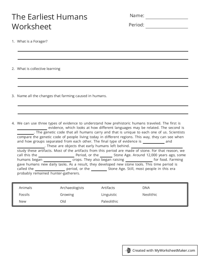 The Earliest Humans Worksheet - My Worksheet Maker: Create Your Own ...