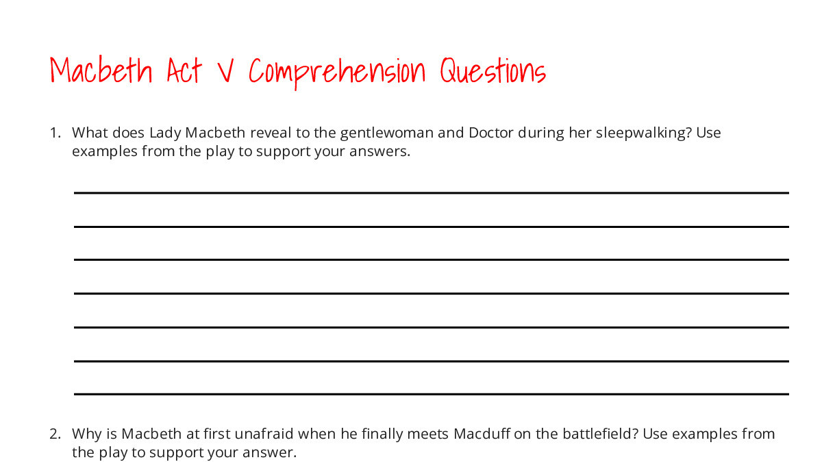 Macbeth Act V Comprehension Questions - My Worksheet Maker: Create Your ...
