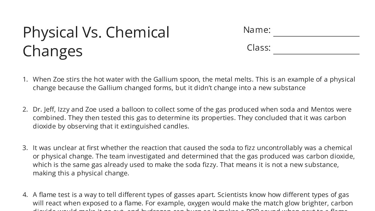 Physical Vs. Chemical Changes - My Worksheet Maker: Create Your Own ...