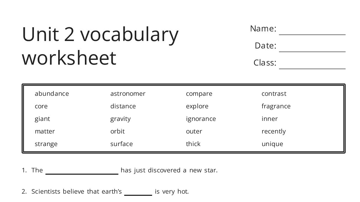 Unit 2 vocabulary worksheet - My Worksheet Maker: Create Your Own ...
