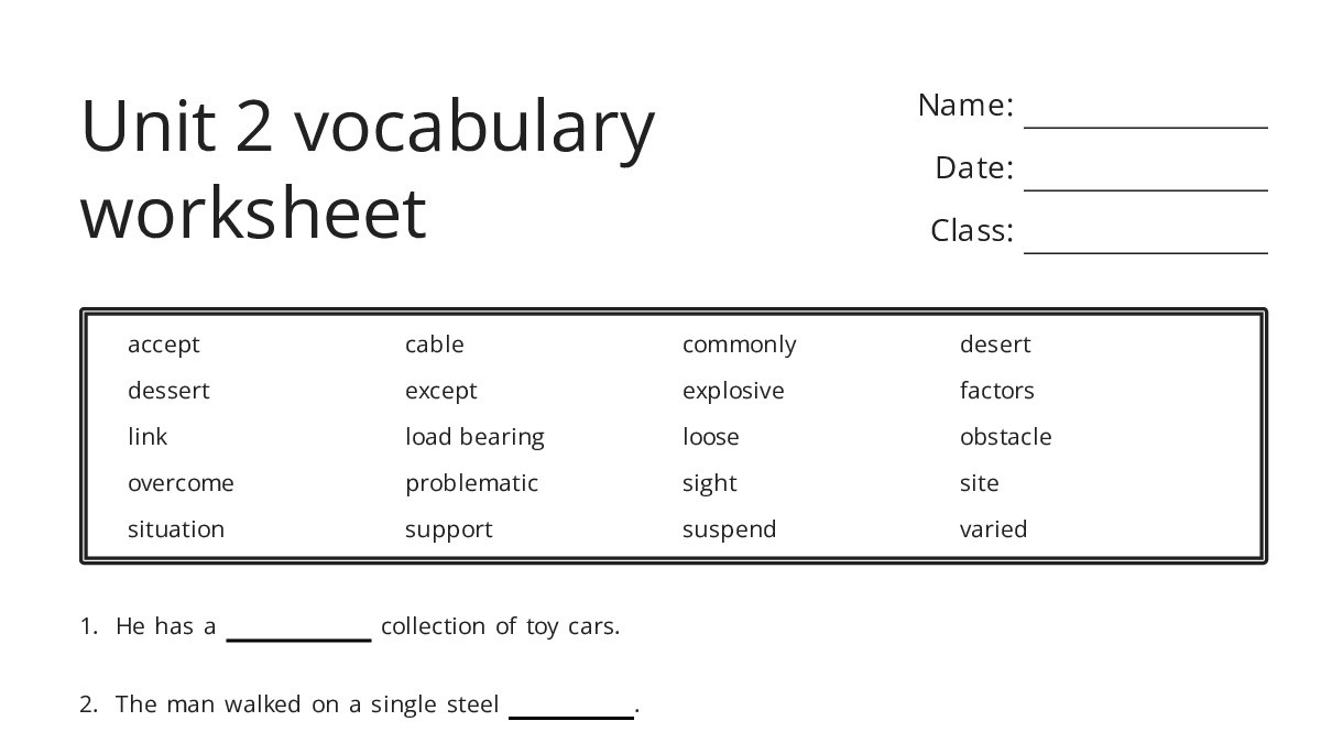 Unit 2 vocabulary worksheet - My Worksheet Maker: Create Your Own ...