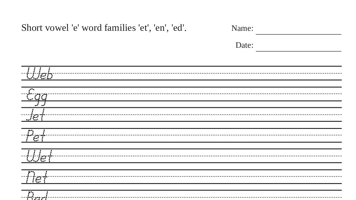 Short vowel 'e' word families 'et', 'en', 'ed'. - My Worksheet Maker ...