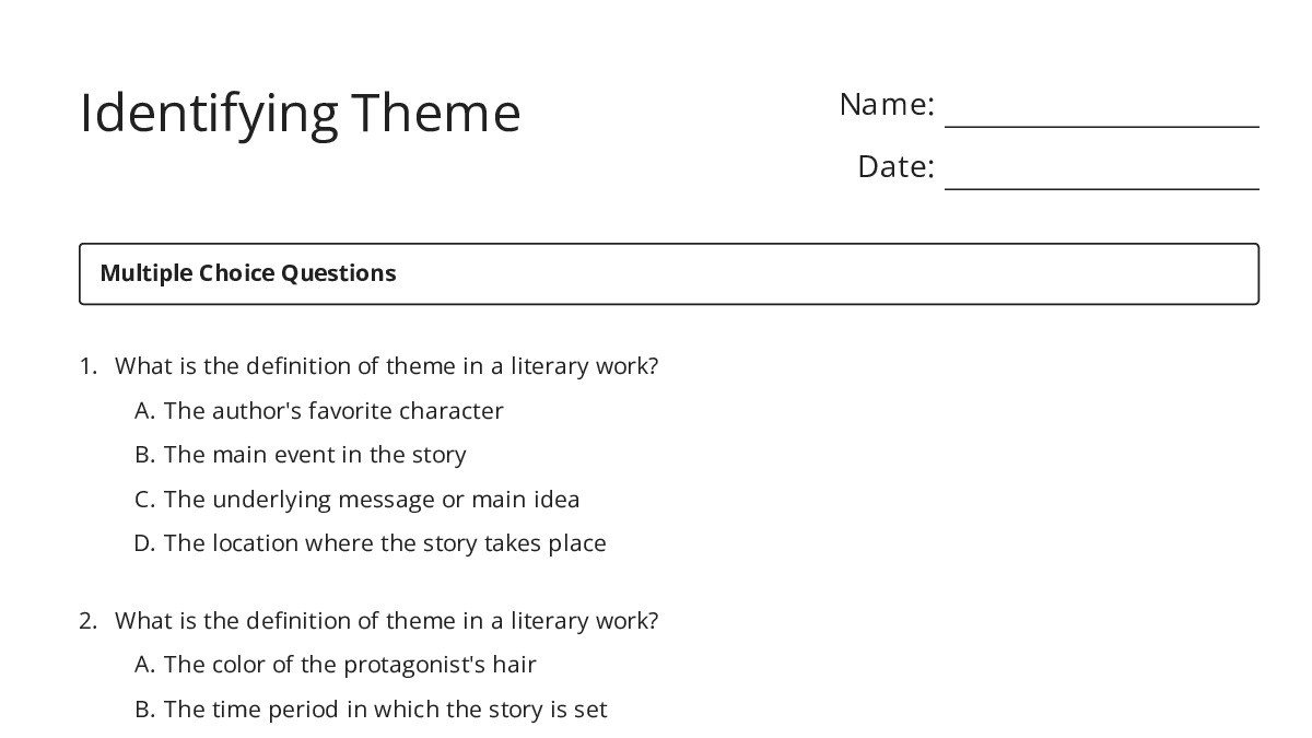 Identifying Theme - My Worksheet Maker: Create Your Own Worksheets