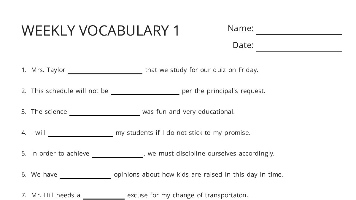 WEEKLY VOCABULARY 1 - My Worksheet Maker: Create Your Own Worksheets