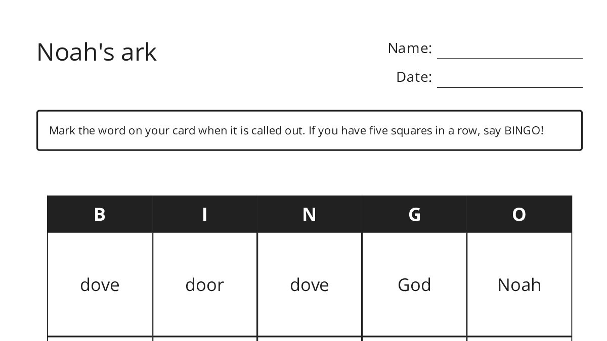 Noah's ark - My Bingo Maker: Create Your Own Bingo Cards