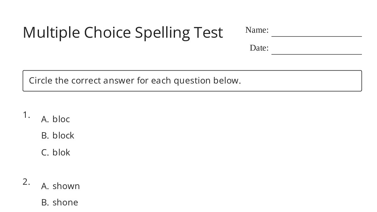 Multiple Choice Spelling Test - My Worksheet Maker: Create Your Own ...