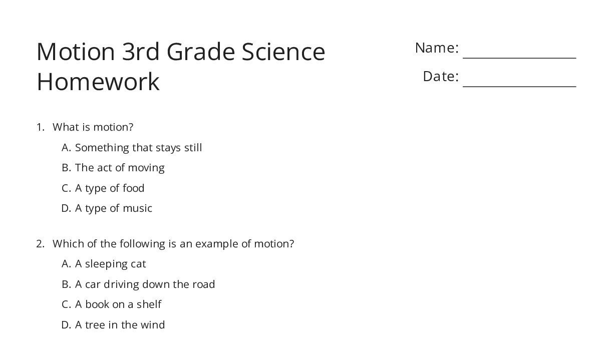 Motion 3rd Grade Science Homework - My Worksheet Maker: Create Your Own ...