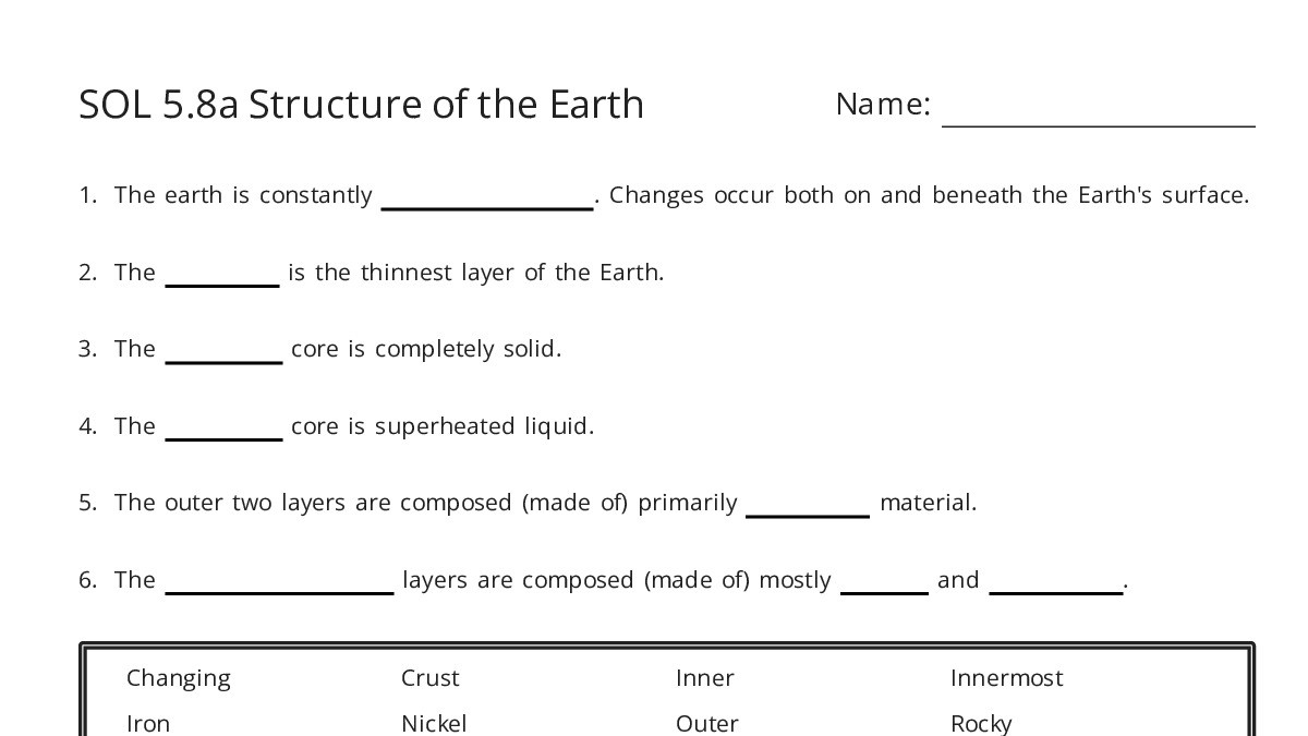 SOL 5.8a Structure of the Earth - My Worksheet Maker: Create Your Own ...