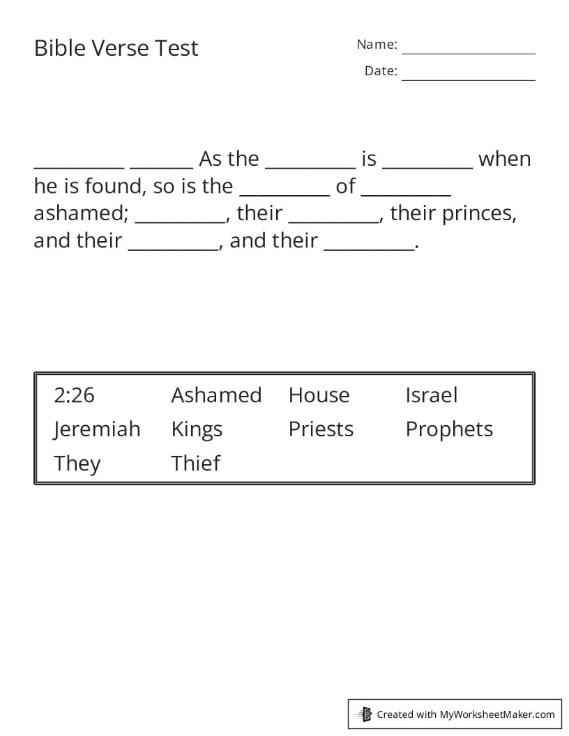Bible Verse Test - My Worksheet Maker: Create Your Own Worksheets
