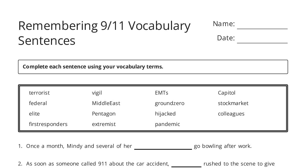 Remembering 9/11 Vocabulary Sentences - My Worksheet Maker: Create Your ...