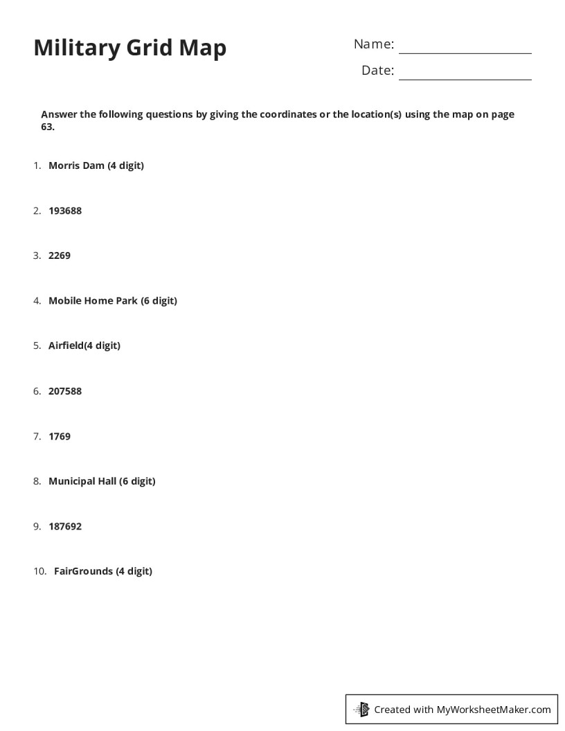 Military Grid Map - My Worksheet Maker: Create Your Own Worksheets