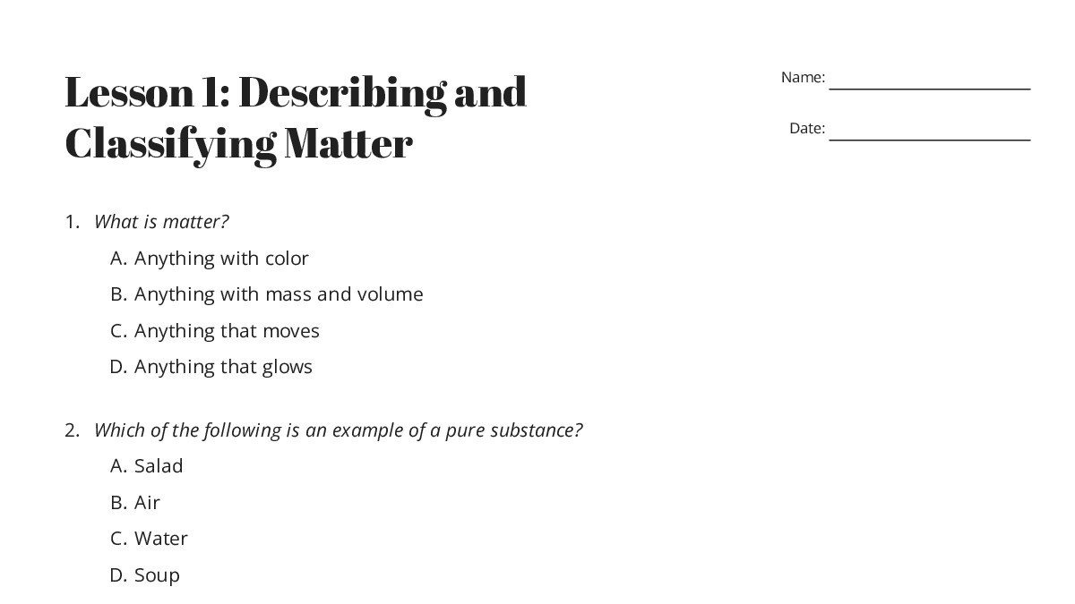Lesson 1: Describing and Classifying Matter - My Worksheet Maker ...