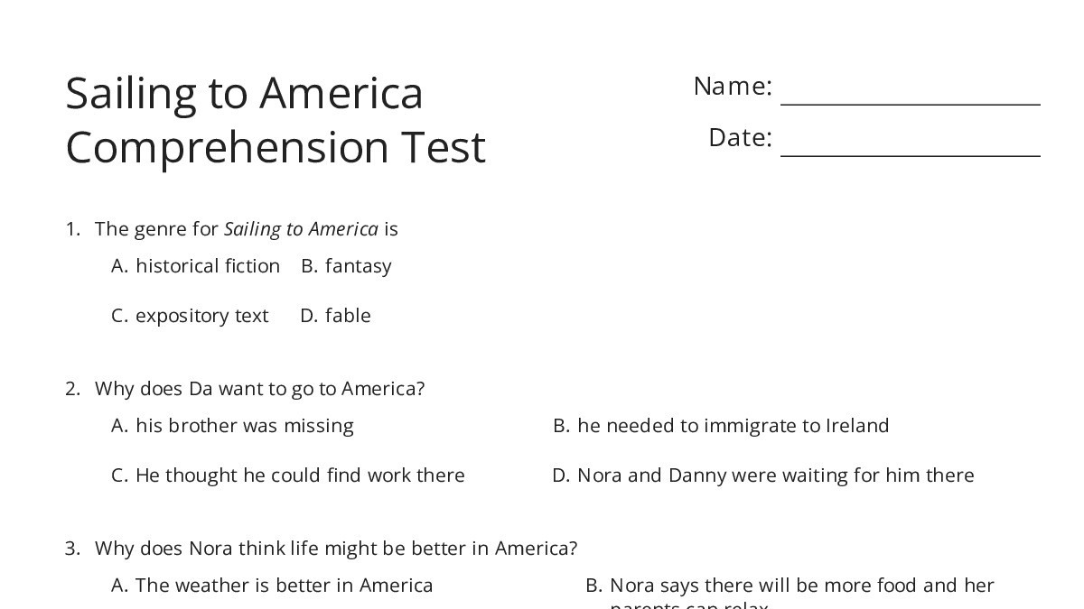 Sailing to America Comprehension Test - My Worksheet Maker: Create Your ...