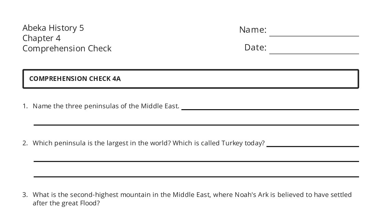 Abeka History 5 Chapter 4 Comprehension Check - My Worksheet Maker ...