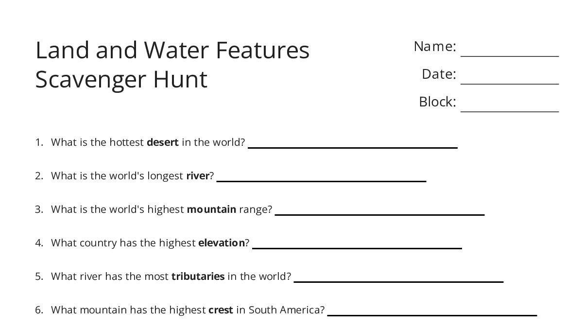 Land and Water Features Scavenger Hunt - My Worksheet Maker: Create ...