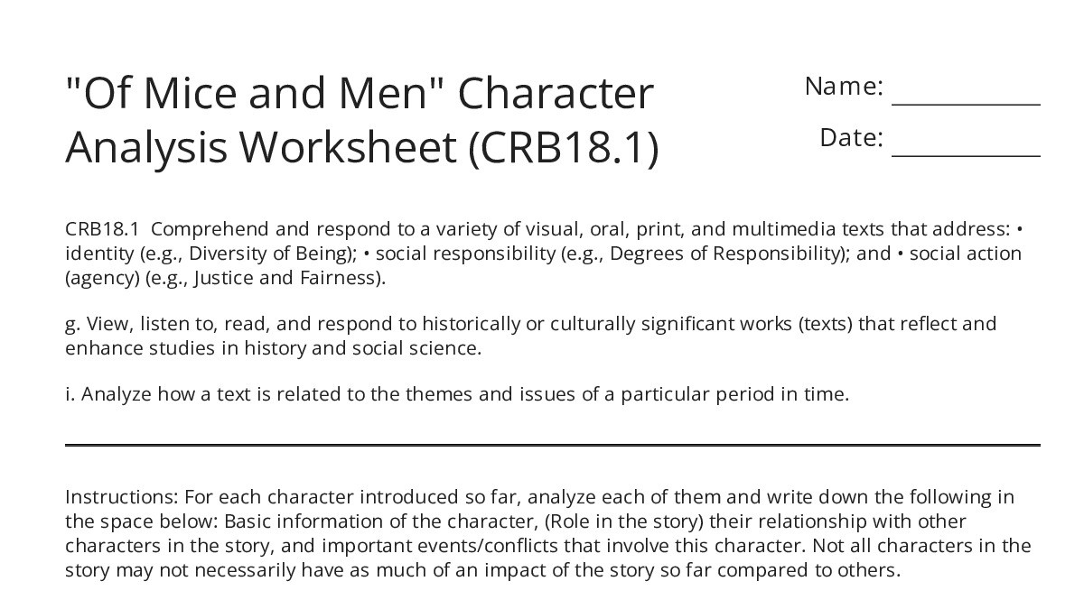 "Of Mice and Men" Character Analysis Worksheet (CRB18.1) - My Worksheet ...