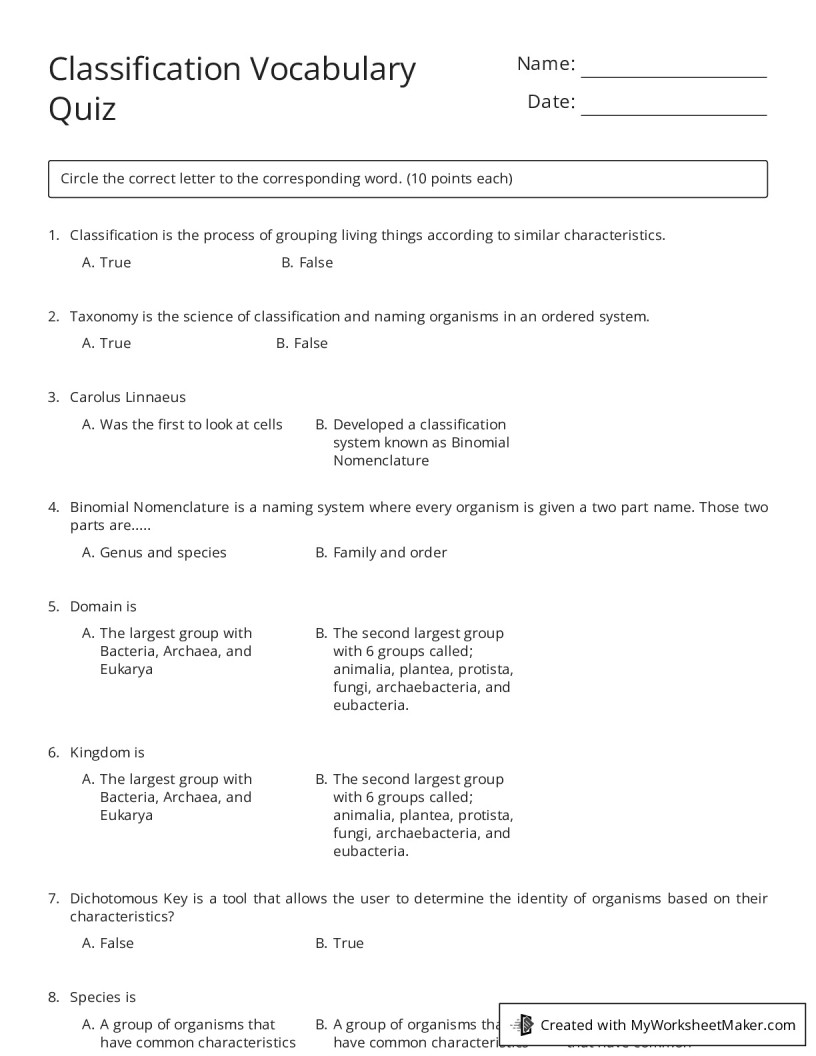 Classification Vocabulary Quiz - My Worksheet Maker: Create Your Own ...