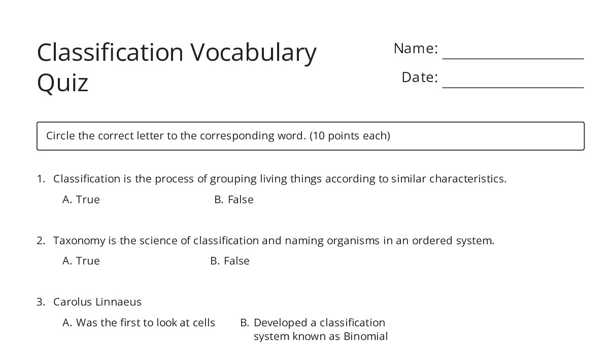 Classification Vocabulary Quiz - My Worksheet Maker: Create Your Own ...