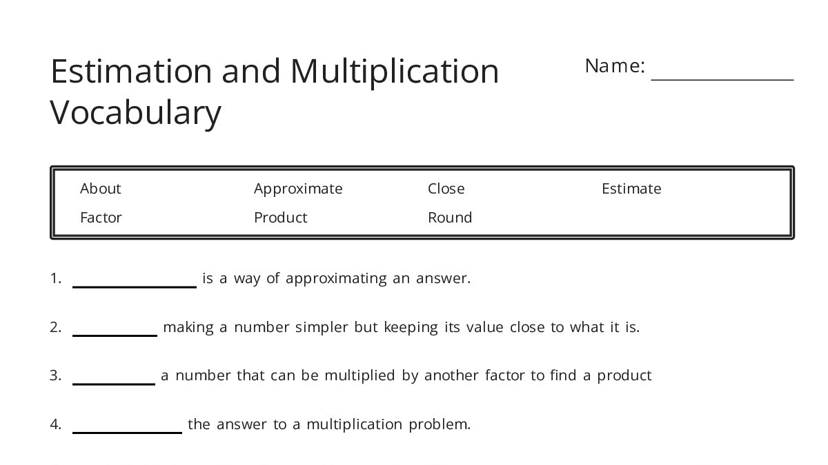 Estimation and Multiplication Vocabulary - My Worksheet Maker: Create ...