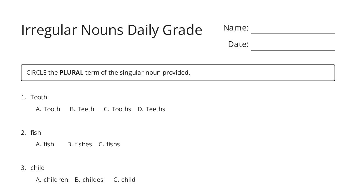 Irregular Nouns Daily Grade - My Worksheet Maker: Create Your Own ...